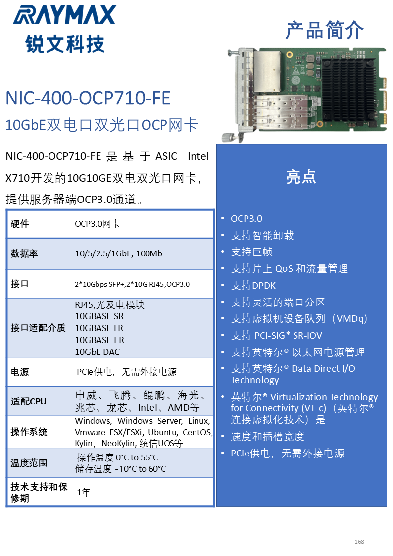 NIC-400-OCP710-FE 10GbE双电口双光口OCP网卡